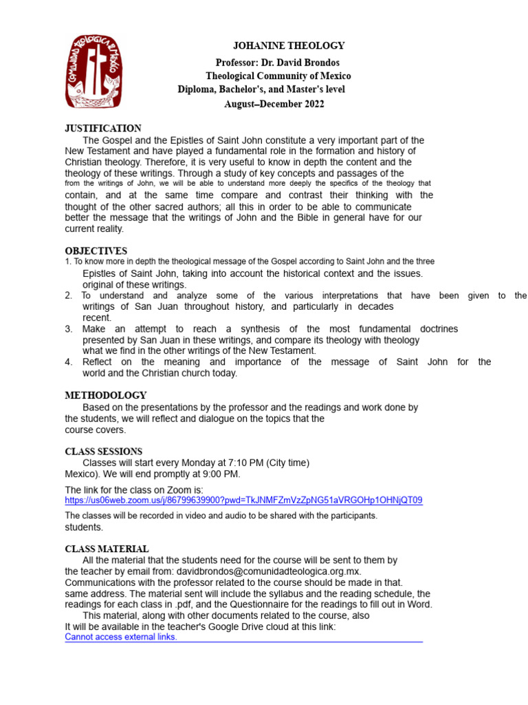 Johannine Theology 2022 Syllabus | PDF | Gospel Of John | New Testament