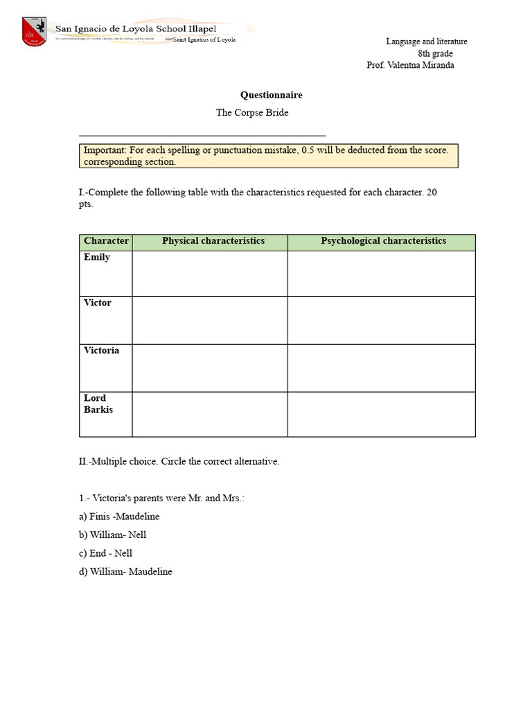 Questionnaire The Corpse Bride | PDF