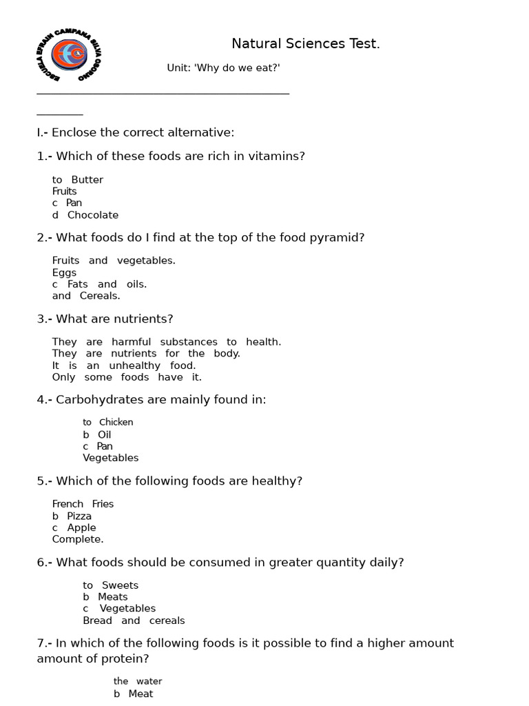 Natural Sciences Test 8 Unit 2 | PDF | Foods | Nutrition