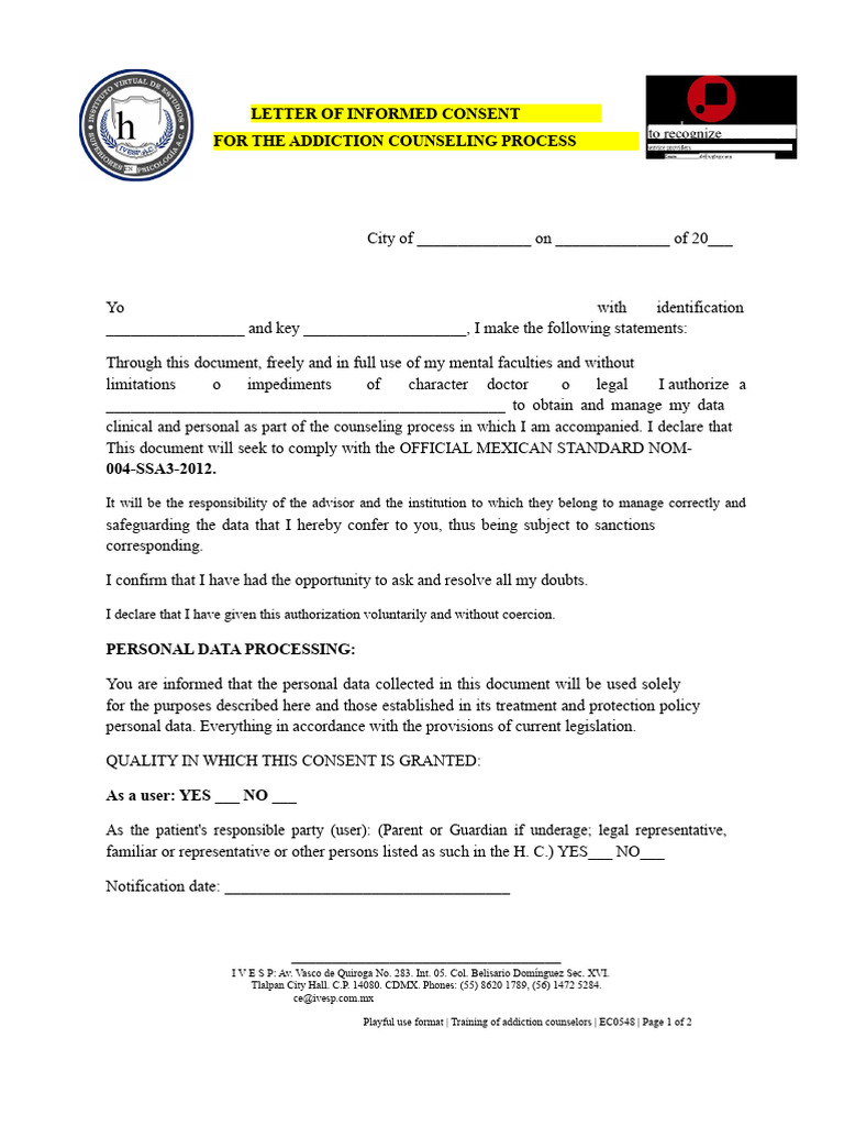 Consent Form For Counseling in Addictions | PDF | Consent