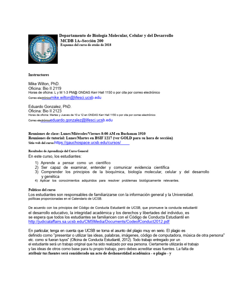UCSB MCDB 1A-Sílabo - Otoño 2018 | PDF | Biología Celular) | Genética