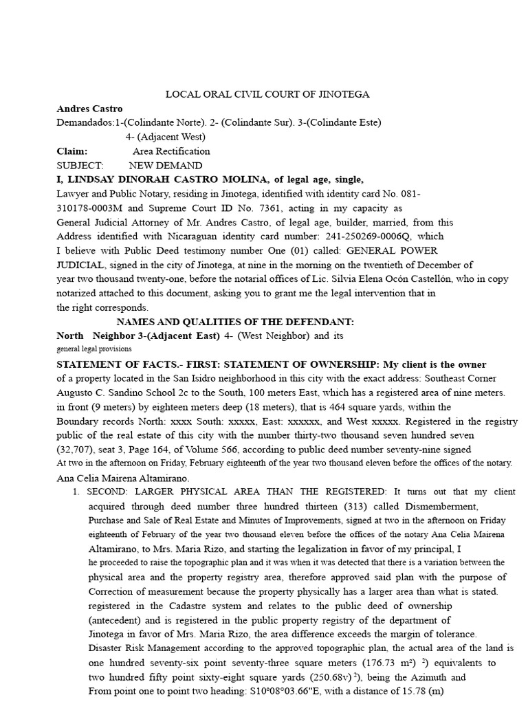 Area Rectification Demand in Jinotega | PDF | Deed | Common Law