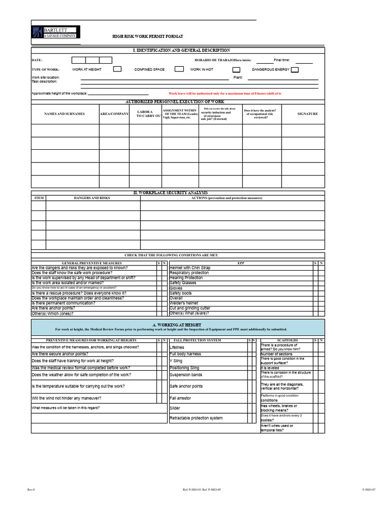 High Risk Work Permit Format: Work Leave Will Be Authorized Only For A ...