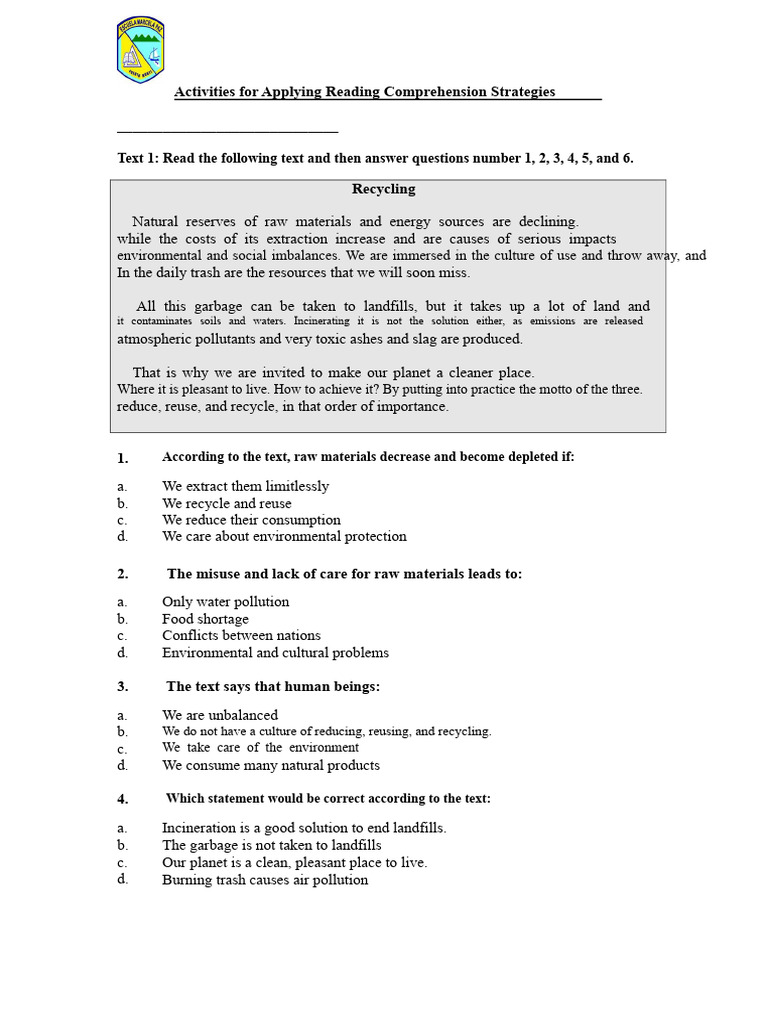 6th Activities For The Application of Reading Comprehension Strategies ...