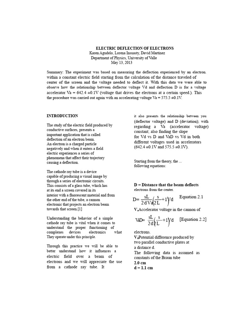 Electric Deflection of Electrons.. Report | PDF | Electron | Vacuum Tube