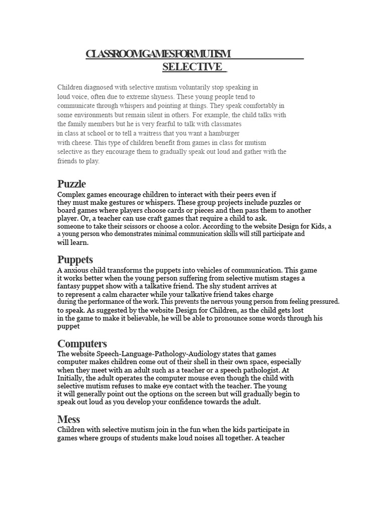 Games to Support Selective Mutism | PDF | Behavioural Sciences | Psychology