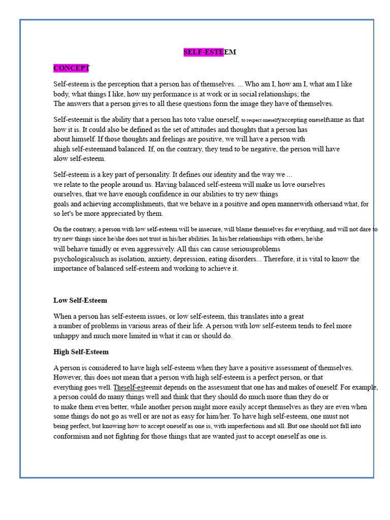 Notes Self-Esteem | PDF | Self Esteem | Self Concept
