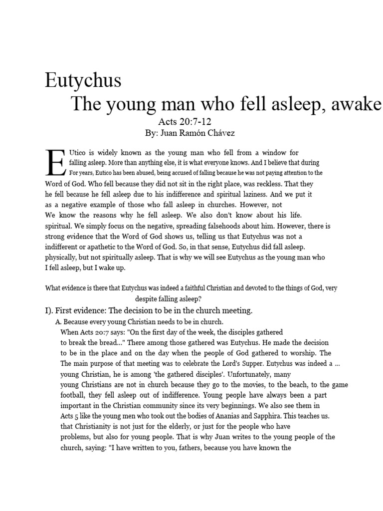 Eutychus The Young Man Who Fell Asleep While Awake | PDF | Paul The ...