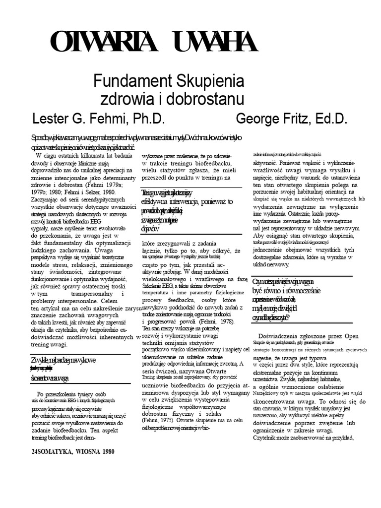 Otwarte Skupienie DR Lester G. Fehmi Ph.D. I George Fritz Ed.D. | PDF