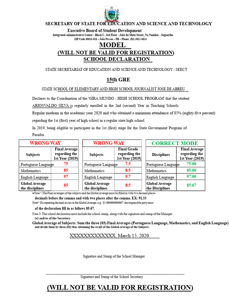 School Declaration - High School | PDF