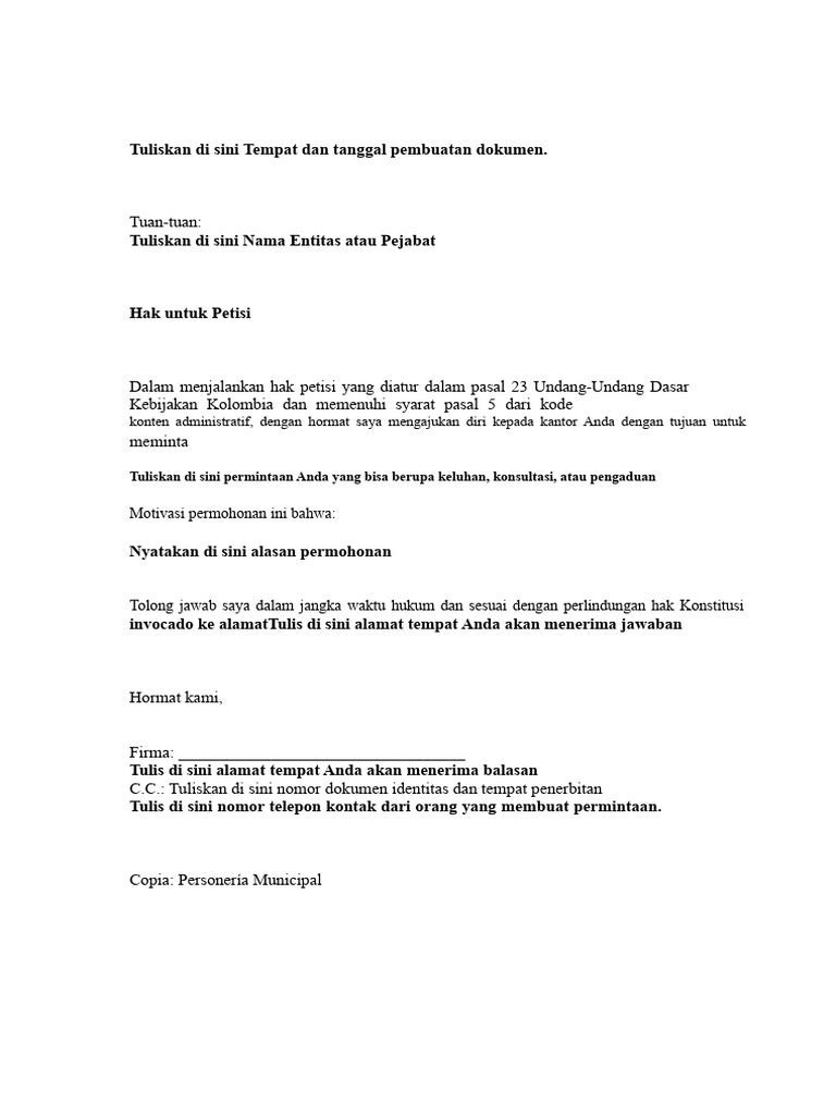 Contoh Permohonan Hak Petisi Kolombia | PDF
