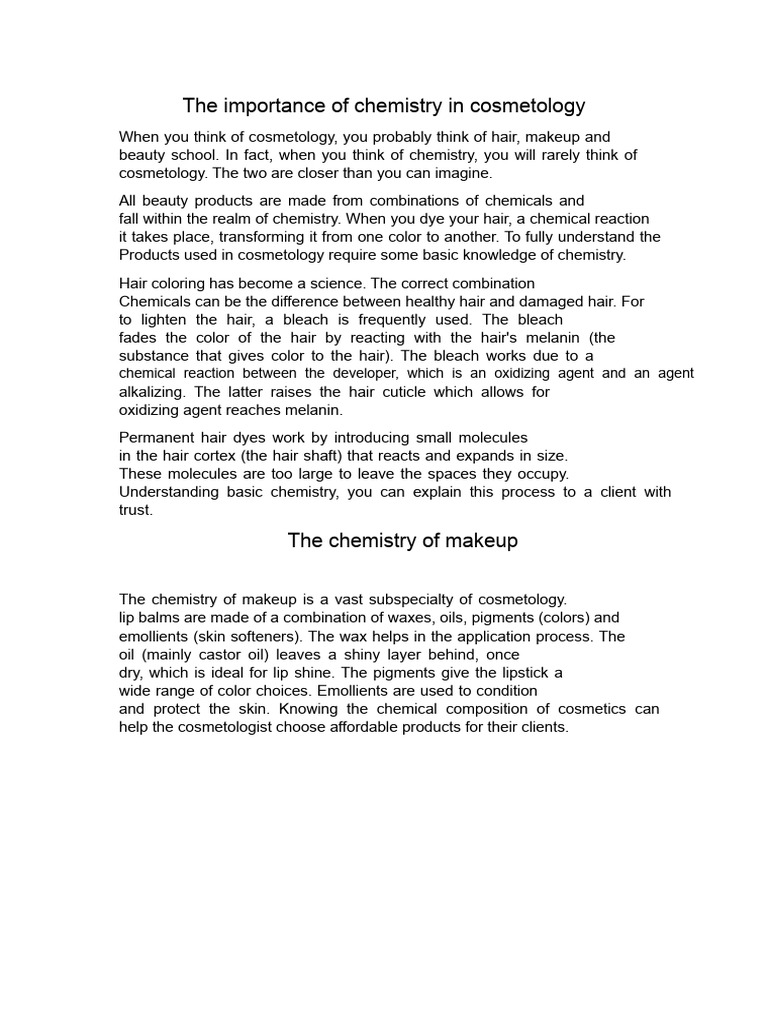 Chemistry's Role in Cosmetology Essentials | PDF | Chemistry | Cosmetics