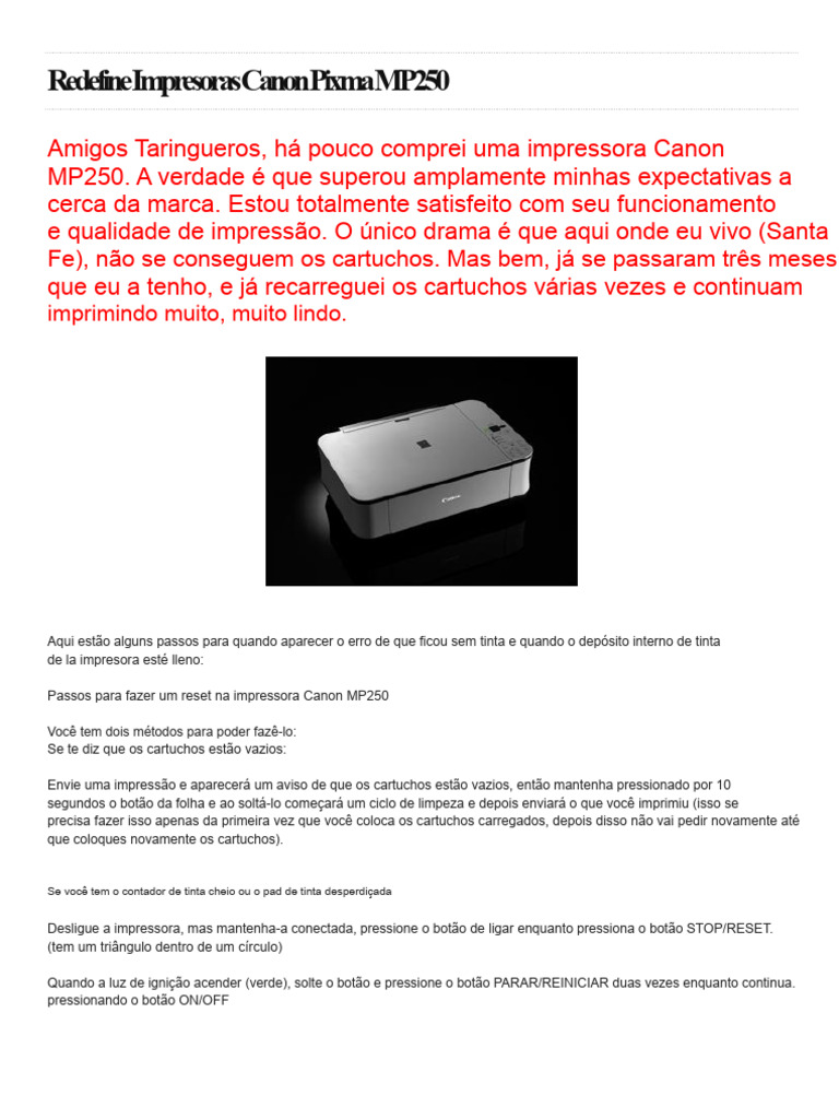 Redefinições Impressoras Canon Pixma MP250 | PDF