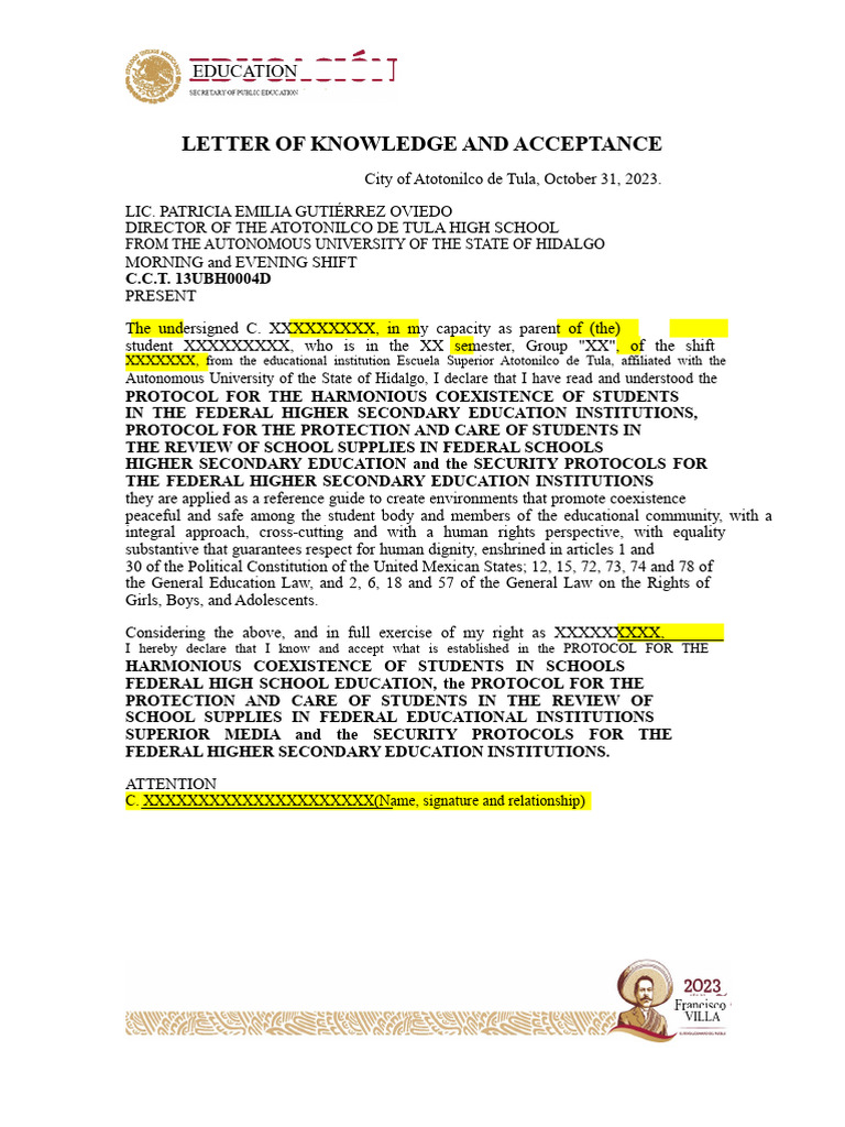 Letter of Acknowledgement and Acceptance - October 31, 2023 | PDF