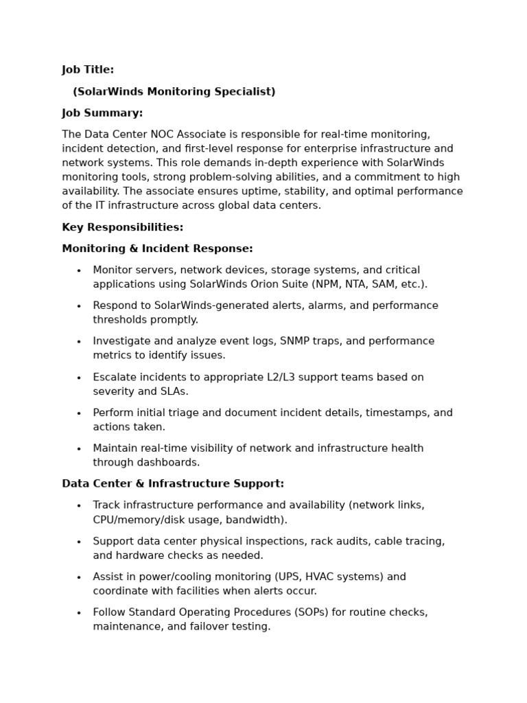 Data Center NOC Associate (SolarWinds Monitoring Specialist) | PDF ...