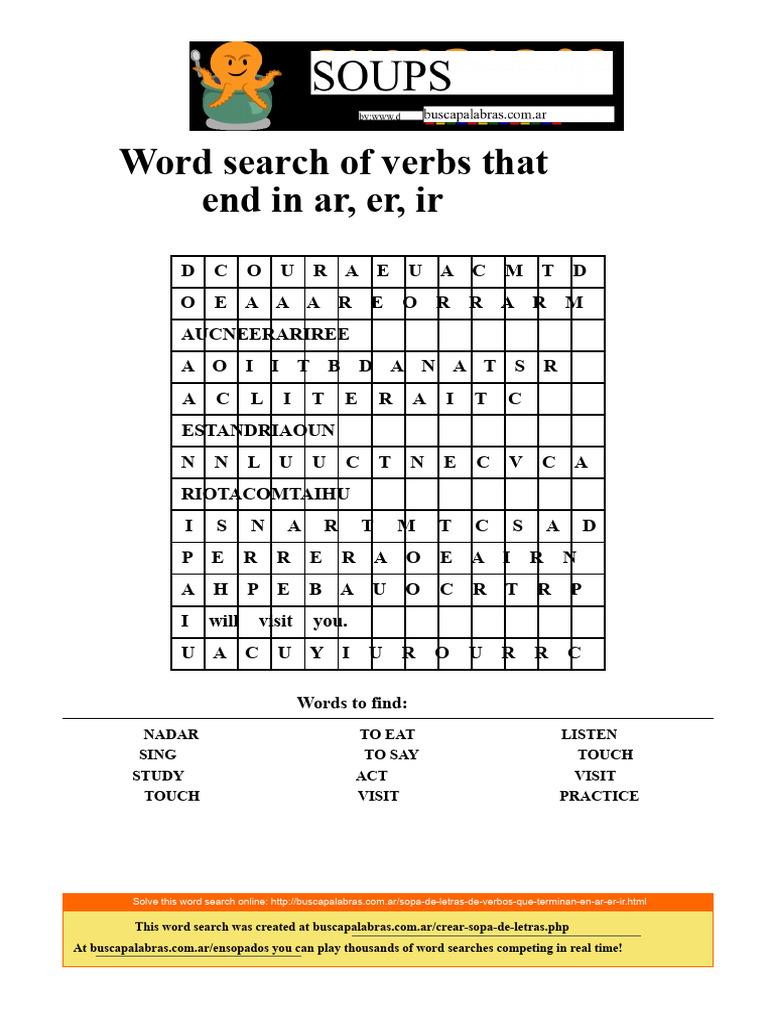 Word Search of Verbs That End in Ar Er Ir | PDF