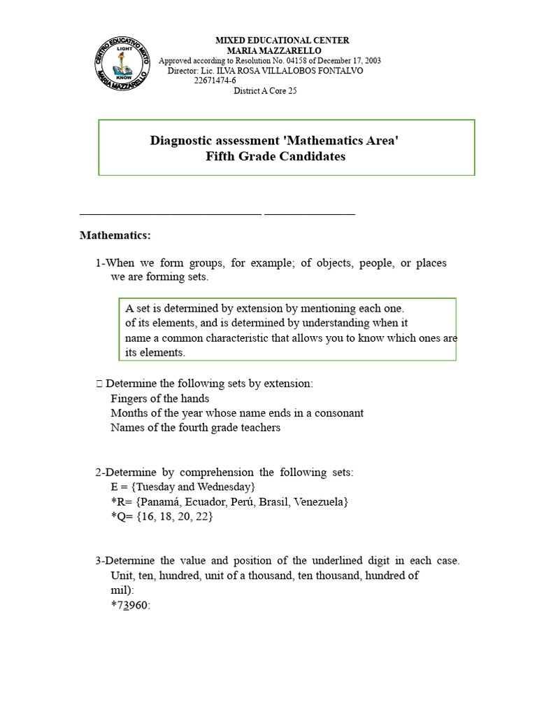 MATHEMATICS DIAGNOSTIC TEST 5th | PDF