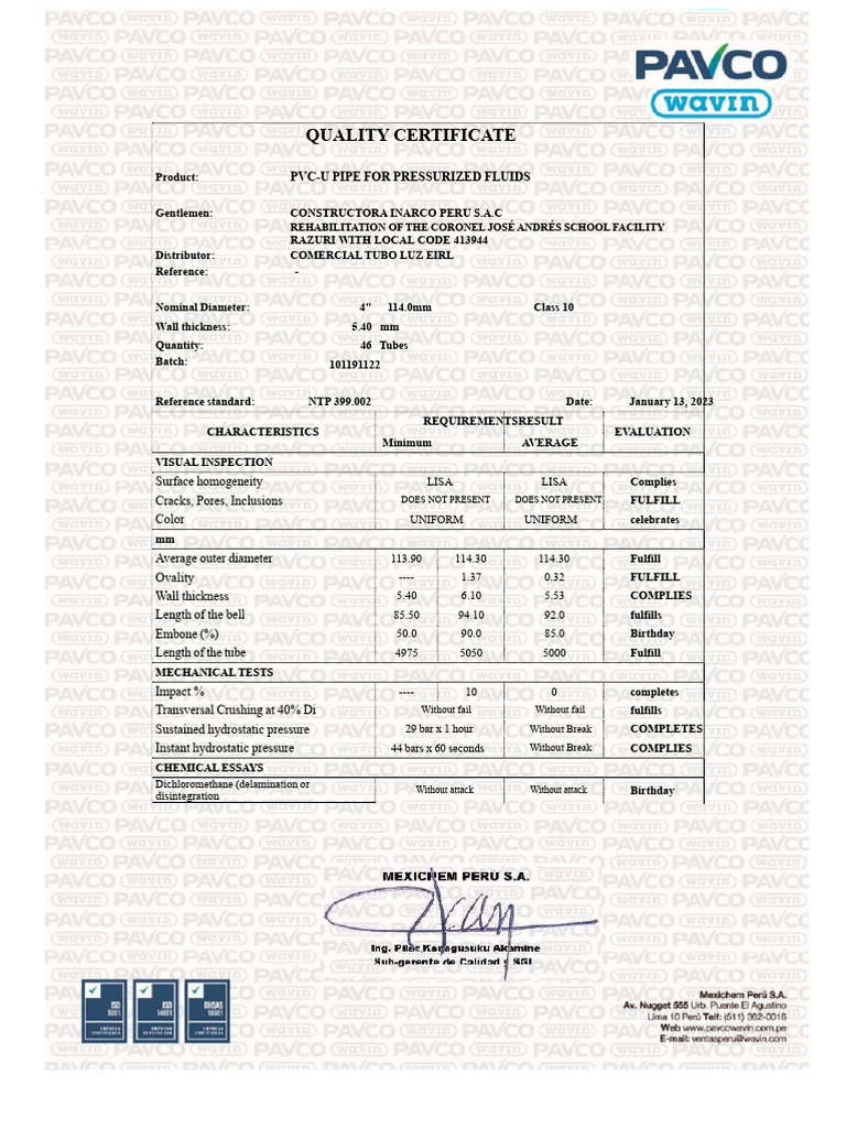 PVC-U Pipe Quality Certificate Summary | PDF | Pipe (Fluid Conveyance ...
