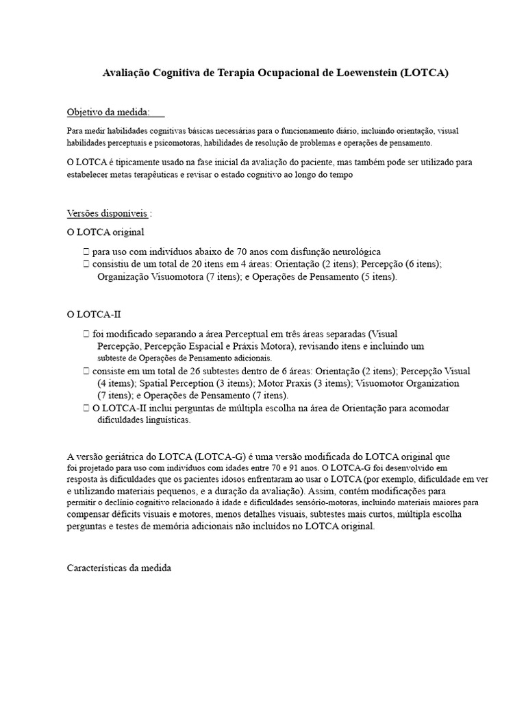 Avaliação Cognitiva de Terapia Ocupacional de Loewenstein | PDF ...