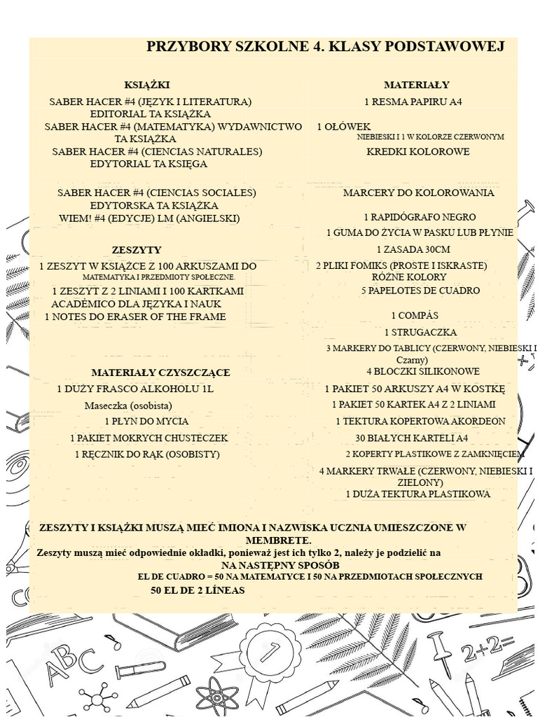 Przybory Szkolne Dla 4. I 5. Klasy Szkoły Podstawowej | PDF