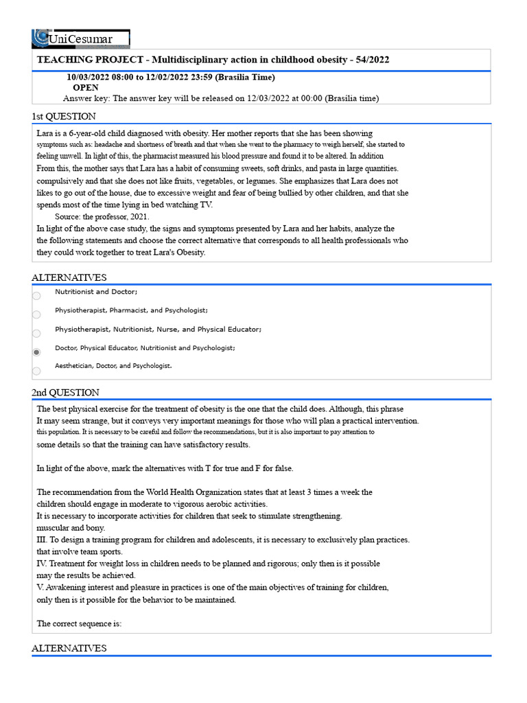 TEACHING PROJECT - Multiprofessional Action in Childhood Obesity | PDF ...