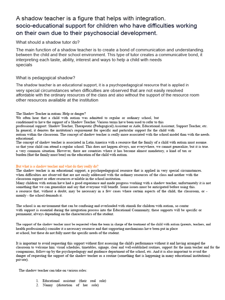 Understanding the Role of Shadow Teachers | PDF | Teachers | Special ...