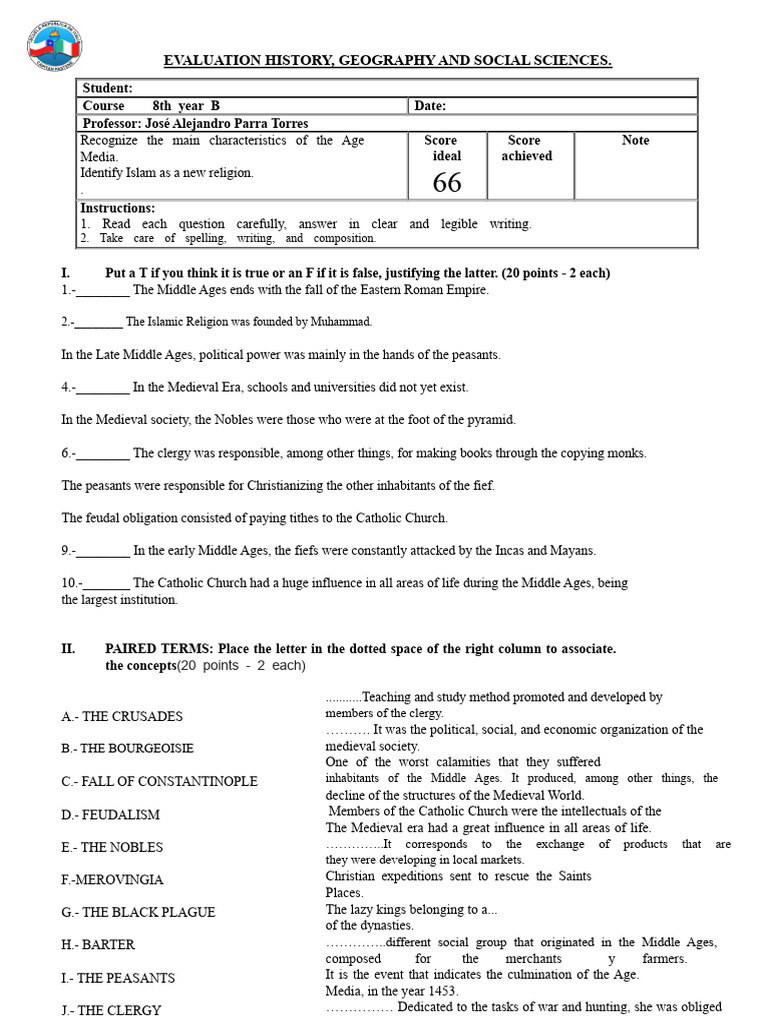 EVALUATION HISTORY Middle Ages 8°A | PDF | Feudalism | Middle Ages