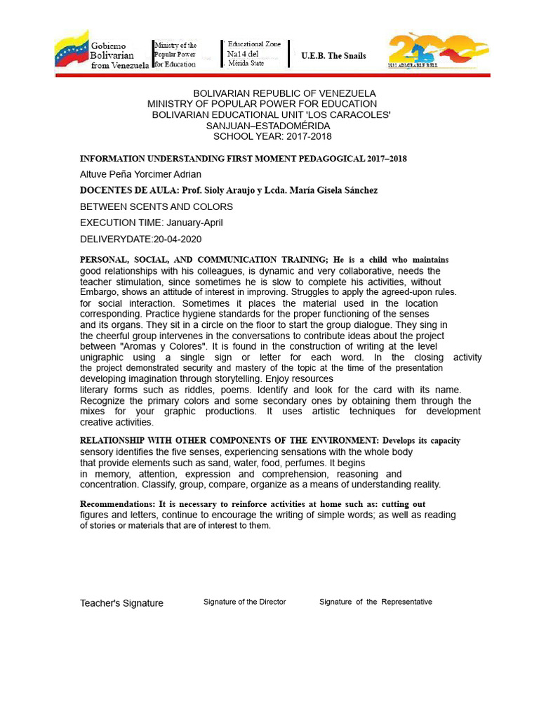 Preschool Model Report Cards | PDF | Senses | Taste