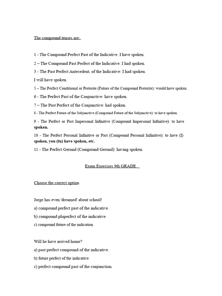Compound Tenses - Exercises | PDF | Perfect (Grammar) | Grammatical Tense