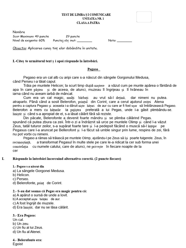 Test Unitatea 1 de Limbaj CLASA A IV-A | PDF