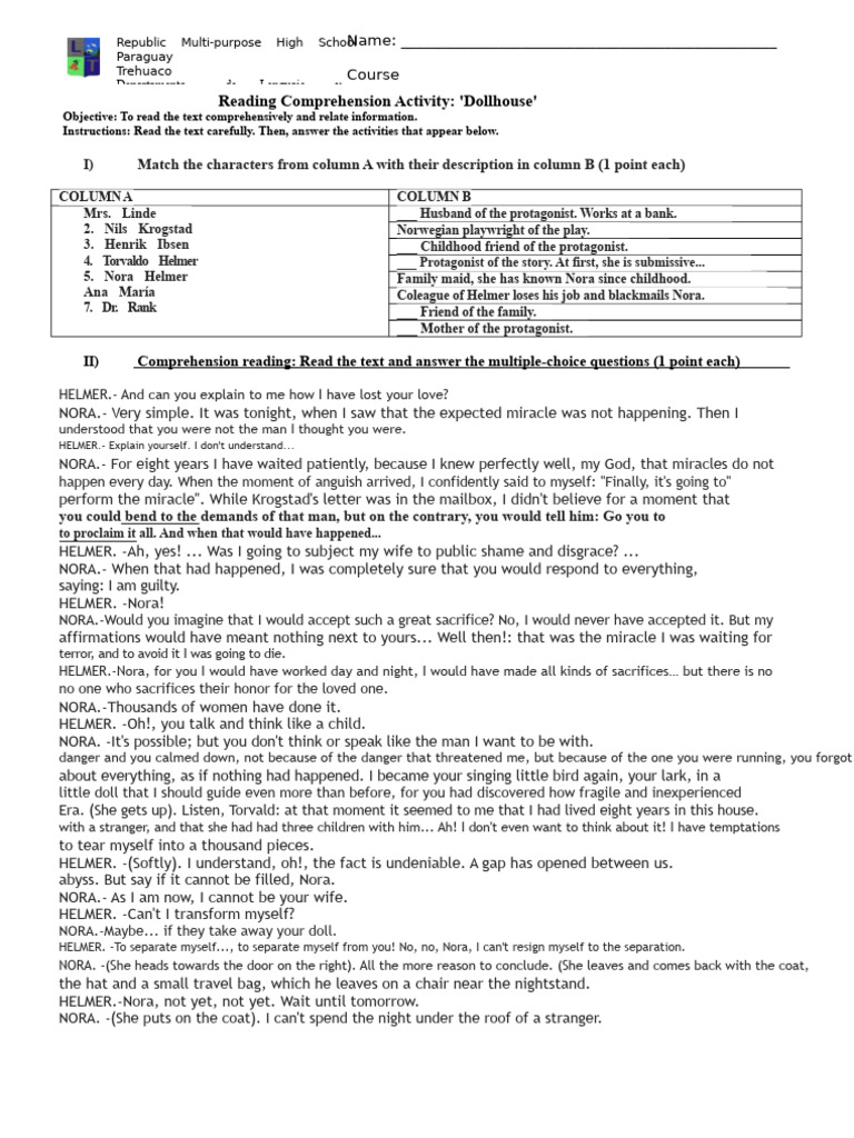 Reading Comprehension Dollhouse | PDF | A Doll's House