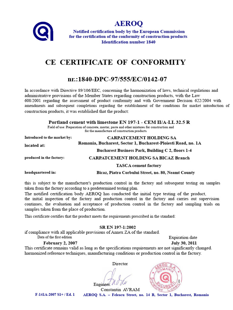 CE Certificate for Portland Cement CEM II/A-LL | PDF | Certification ...