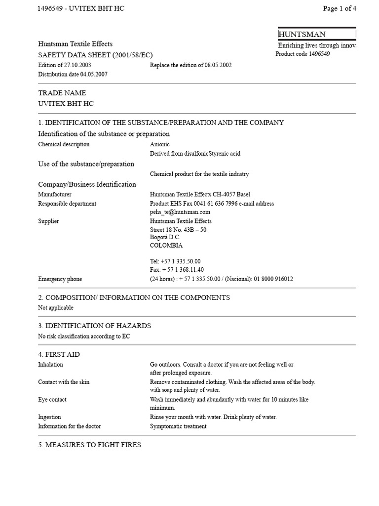 Uvitex BHT HC MSDS | PDF | Toxicity | Breathing