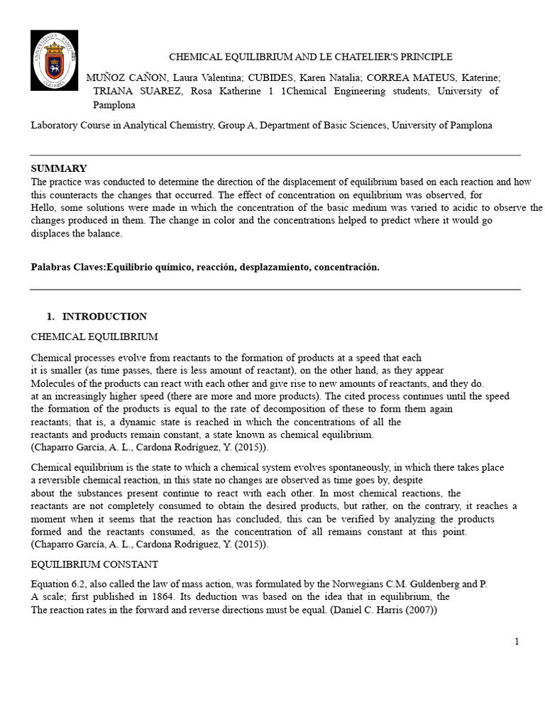 Report # 3. Chemical Equilibrium and Le Chatelier's Principle | PDF ...