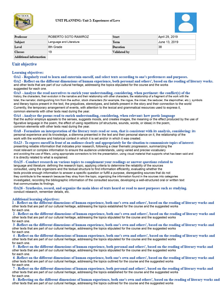 Planning Language and Literature Unit 2 Love Eighth | PDF | Narrative ...