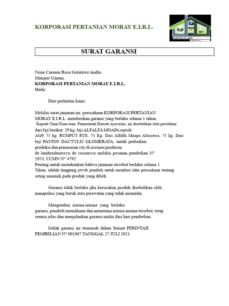 Garansi Produk Pertanian Moray E.I.R.L. | PDF