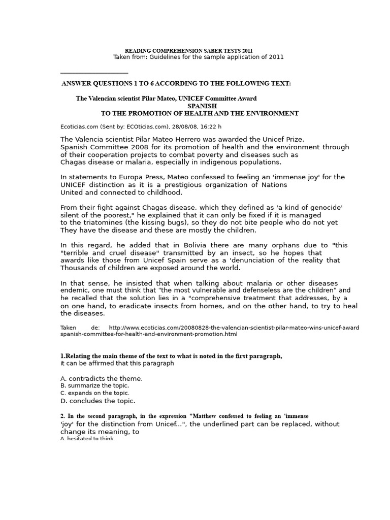 1-Reading Comprehension Saber Tests 2011 | PDF | Rio De Janeiro