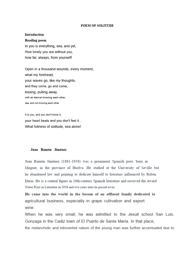 Poem Solitude Juan Ramón Jiménez | PDF | Poetry | Modernism