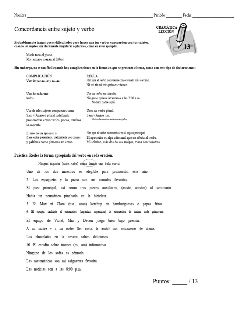 Gramática 13 - Concordancia Entre Sujeto y Verbo | PDF | Verbo | Asunto ...