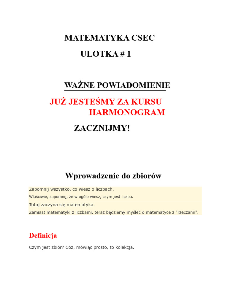 CSEC Matematyka Lekcja 1 Do 2 - Wprowadzenie Do Zbiorów I Podzbiorów | PDF