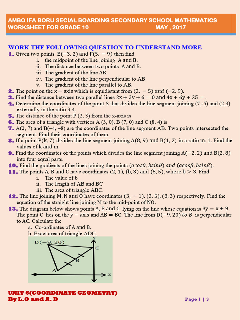 Worksheet Unit 7 (Coordinate Geometry) | PDF | Line (Geometry ...