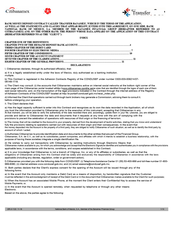 Banamex Transfer Contract | PDF | Debit Card | Identity Document