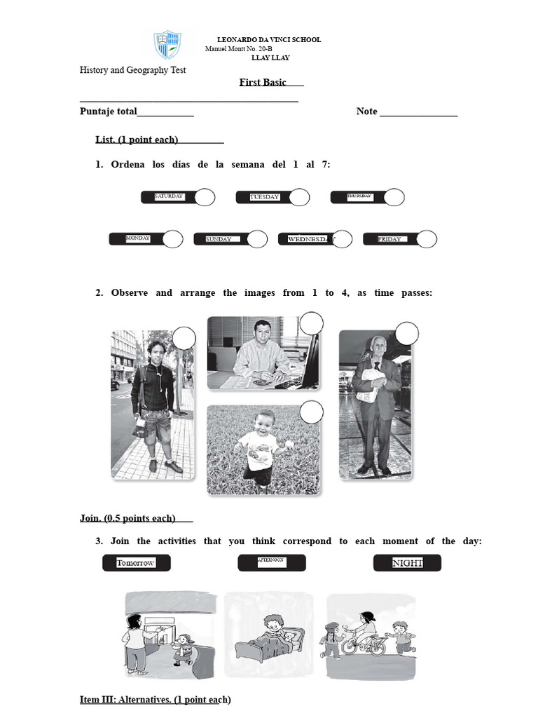 Test of The Days of The Week 1st | PDF