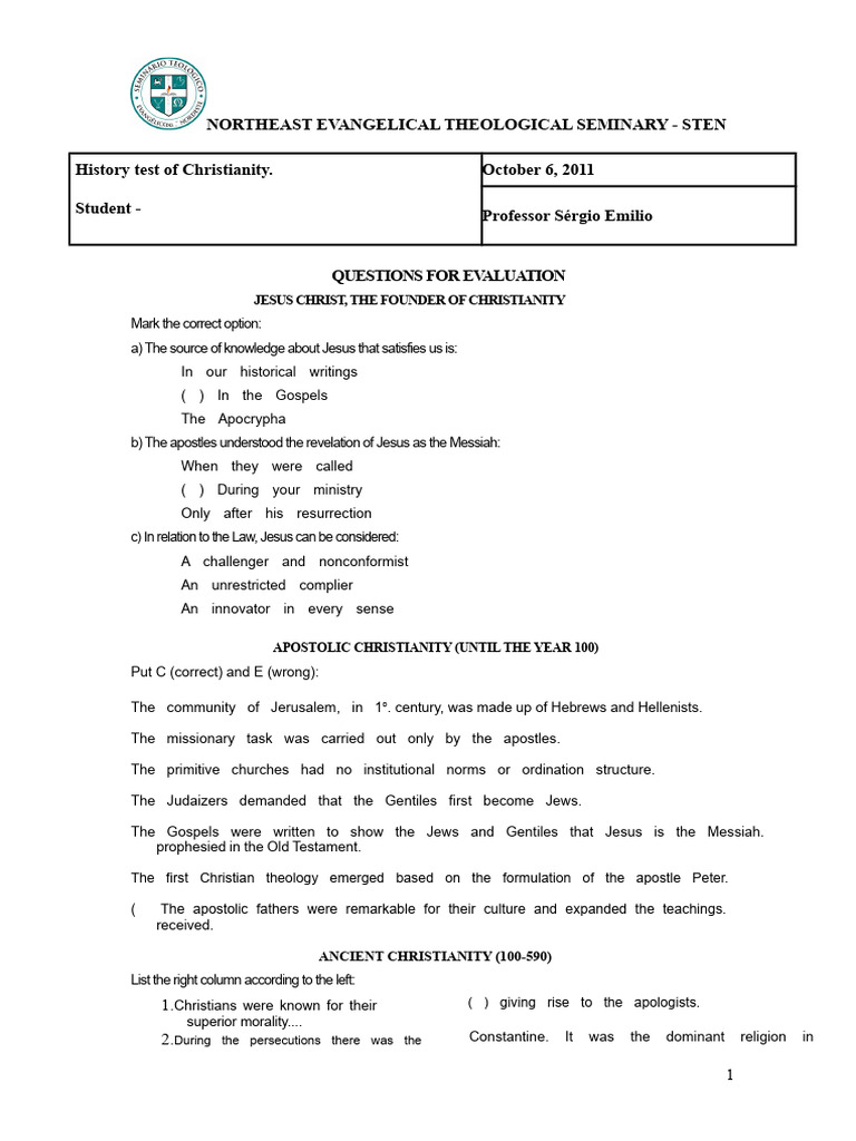 History Exam of Christianity | PDF | Jesus | Catholic Church