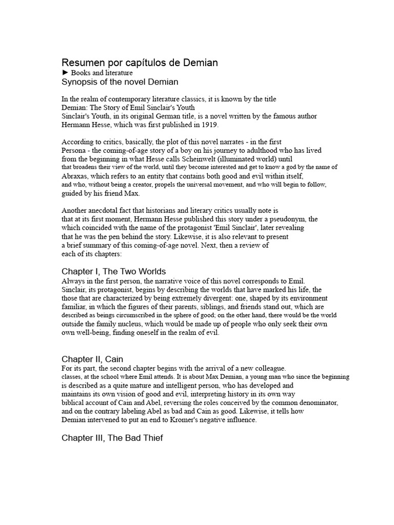 Demian Chapter Summaries and Analysis | PDF | Hermann Hesse