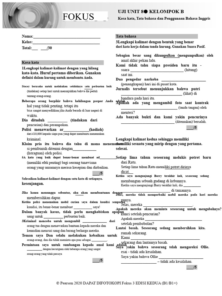 Focus3 2E Ujian Unit Kosakata Dan Tata Bahasa UoE Unit8 GroupB | PDF