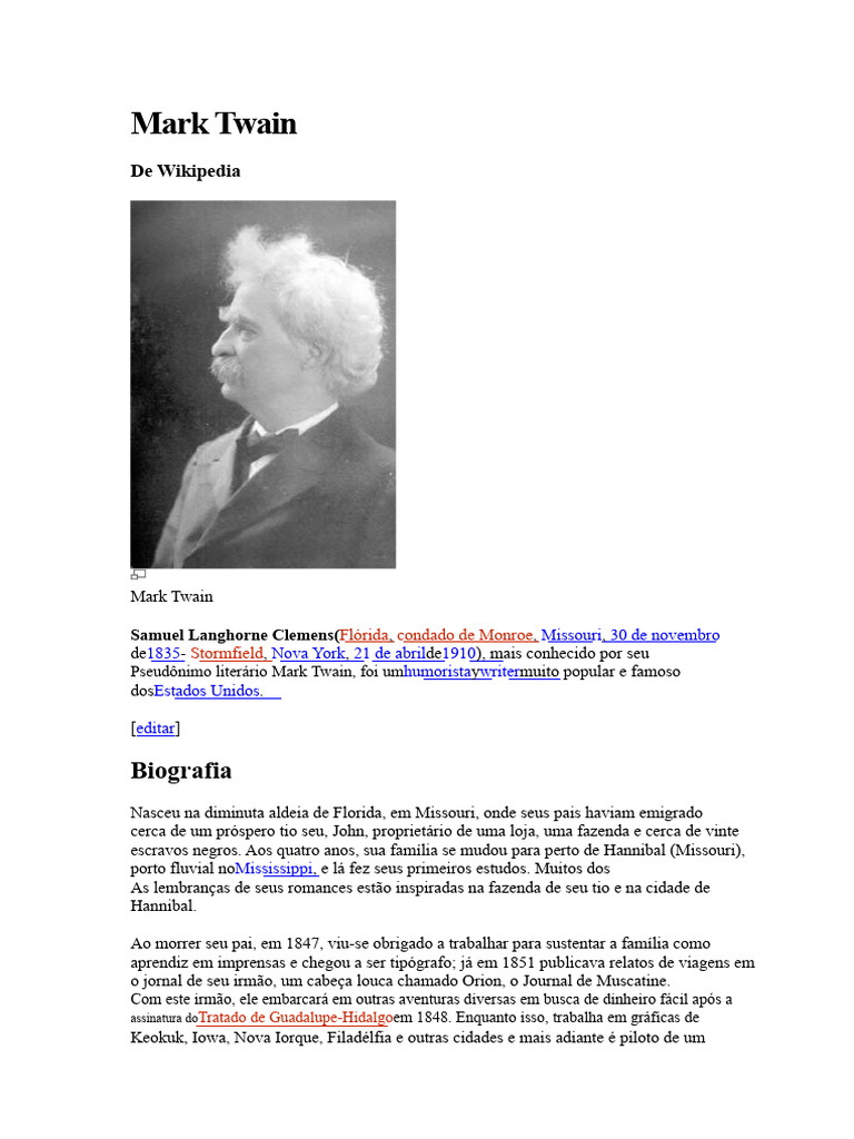 Biografia e Obras de Mark Twain | PDF | Mark Twain