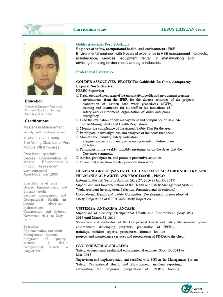 CV Jesus Tristan | PDF | Occupational Safety And Health | Mining