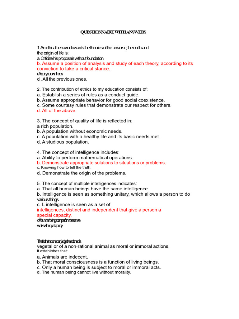Questionnaires With Answers | PDF | Intelligence | Theory