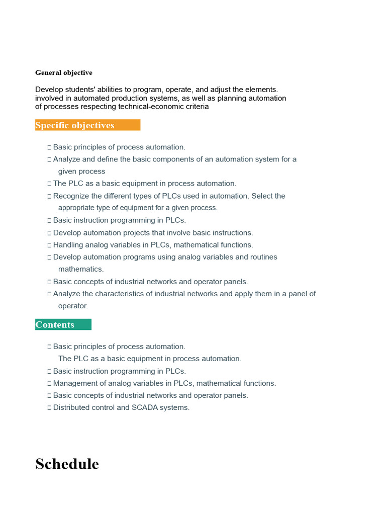 Schedule: Specific Objectives | PDF | Programmable Logic Controller | Automation